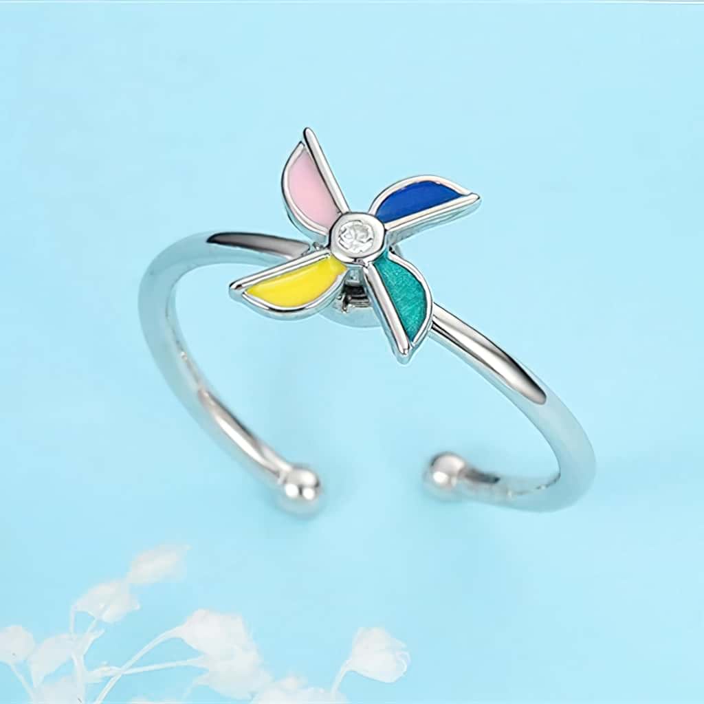 Sterling Silver Coloured Windmill Fidget Ring - Sensory Stand